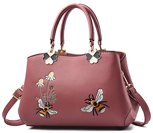 Women's PU Elegant Shoulder Bags Wild Handbags Satchel Embroidery Bee Flower Crossbody Purse (Pink)