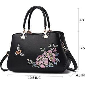 Women's PU Elegant Shoulder Bags Wild Handbags Satchel Embroidery Bee Flower Crossbody Purse (Pink)