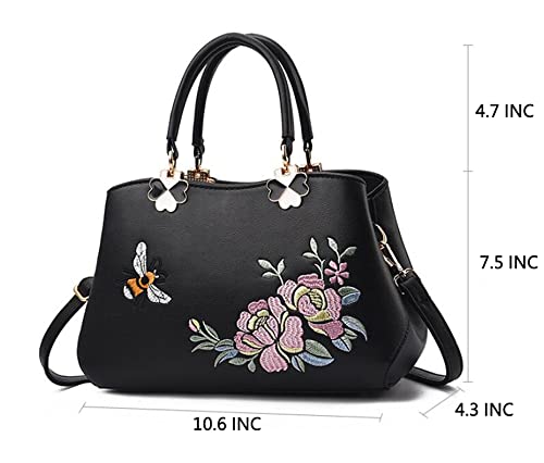 Women's PU Elegant Shoulder Bags Wild Handbags Satchel Embroidery Bee Flower Crossbody Purse (Pink)