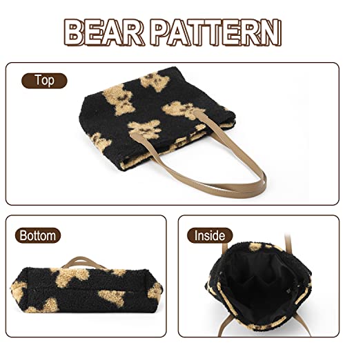 Ynport Cute Bear Plush Tote Handbag for Women Large Faux Fur Shoulder Purse Aesthetic Fuzzy Lamb Wool Work shopping Bag