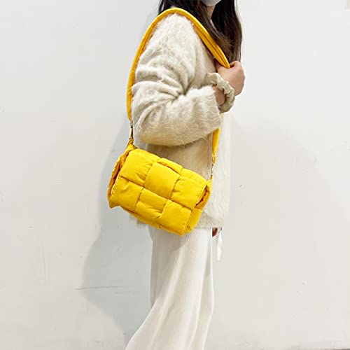 Women's shoulder bag puffer cassette purse hand woven down fabric cotton padded handbag (Lemon)