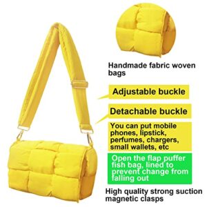 Women's shoulder bag puffer cassette purse hand woven down fabric cotton padded handbag (Lemon)