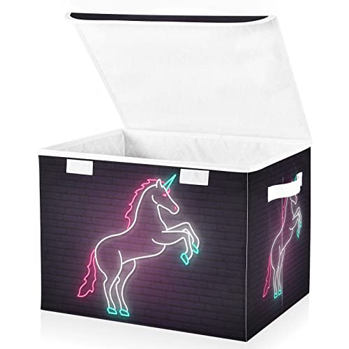 RunningBear Unicorn Neon Large Storage Bins with Lid Collapsible Storage Bin Storage Cubes Large Toy Box for Clothes Towels Magazine