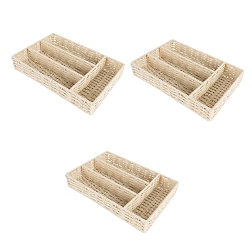 DOITOOL 3 Pcs Four Grid Storage Basket Can Organizer for Cabinet Key Storage Box Woven Storage Basket Desktop Storage Containers Woven Box Containers Coffee Station Organizer Beige Books