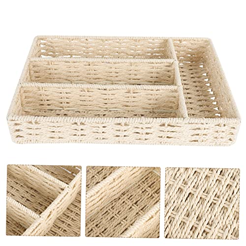 DOITOOL 3 Pcs Four Grid Storage Basket Can Organizer for Cabinet Key Storage Box Woven Storage Basket Desktop Storage Containers Woven Box Containers Coffee Station Organizer Beige Books