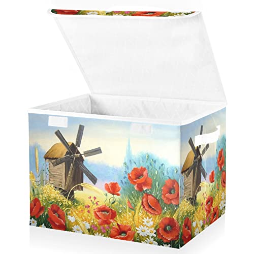 RunningBear Windmill Flowers Large Storage Bins with Lid Collapsible Storage Bin Shelves Basket Cute Bin for Home Nursery Closet