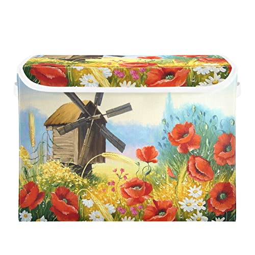 RunningBear Windmill Flowers Large Storage Bins with Lid Collapsible Storage Bin Shelves Basket Cute Bin for Home Nursery Closet