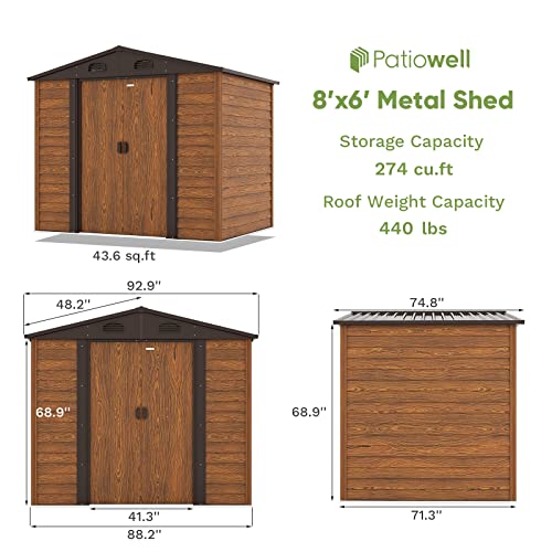 Patiowell 8x6 FT Wood Look Outdoor Storage Shed,Garden Tool Storage Shed with Sloping Roof and Double Lockable Sliding Door, Metal Shed for Garden Backyard Patio Lawn