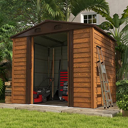 Patiowell 8x6 FT Wood Look Outdoor Storage Shed,Garden Tool Storage Shed with Sloping Roof and Double Lockable Sliding Door, Metal Shed for Garden Backyard Patio Lawn