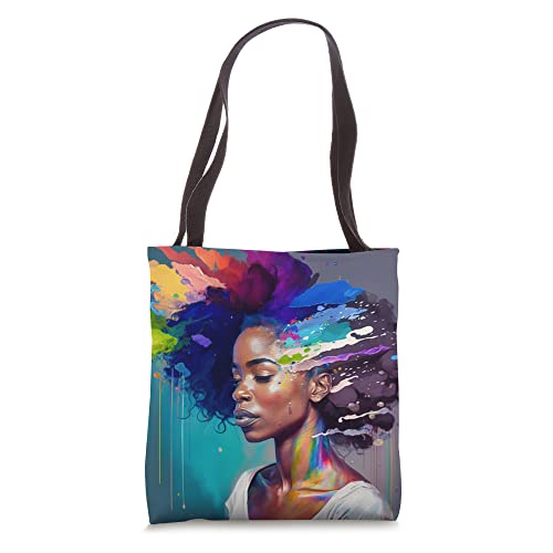 Expressionism rain cloud and rainbows in hair Black Woman Tote Bag