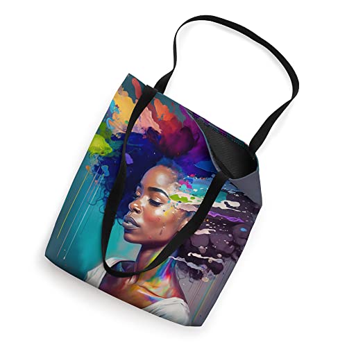 Expressionism rain cloud and rainbows in hair Black Woman Tote Bag