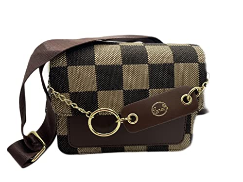 LaraS Womens Small/Medium Shoulder/Cross Body Purse Checkered Hand bag Magnetic Closure Removable strap (Brown)