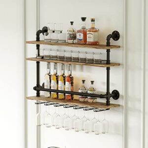 HKaikzo 36” L Industrial Pipe Shelves 3 Tier Hanging Wine Rack Wall Mounted, with 6 Stem Glass Holder Kitchen/Living Room/Home Wood Floating Wall Shelf