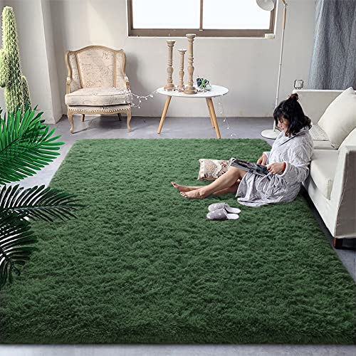 DweIke Super Soft Shaggy Rugs Fluffy Carpets, 3x5 ft, Deep-Green Area Rug for Living Room Bedroom Girls Kids Room Nursery Home Decor, Non-Slip Plush Indoor Floor Bedside Rug, 3x5 Feet Deep-Green