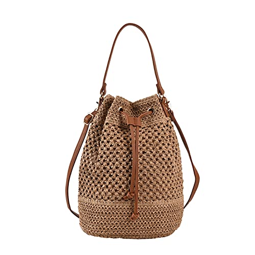 OWGSEE Straw Bucket Bag for Women, Summer Woven Beach Bag Drawstring Hobo Bucket Purses Handbag for Vacation (Khaki)