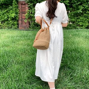 OWGSEE Straw Bucket Bag for Women, Summer Woven Beach Bag Drawstring Hobo Bucket Purses Handbag for Vacation (Khaki)