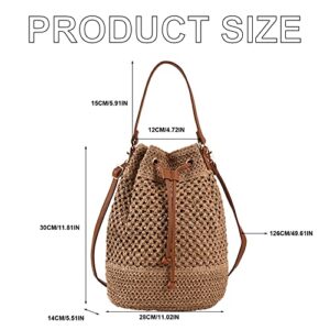 OWGSEE Straw Bucket Bag for Women, Summer Woven Beach Bag Drawstring Hobo Bucket Purses Handbag for Vacation (Khaki)