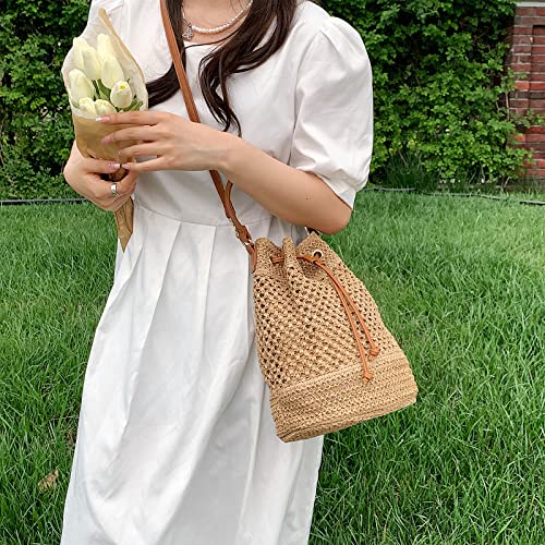 OWGSEE Straw Bucket Bag for Women, Summer Woven Beach Bag Drawstring Hobo Bucket Purses Handbag for Vacation (Khaki)