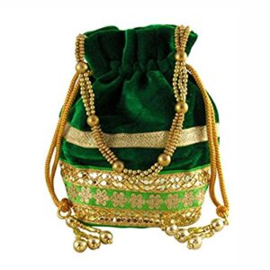 Women's Velvet Potli Bag with Beadwork Drawstrings And Lace In Bottom Ethnic Potli Bag For Wedding Green By Indian Collectible