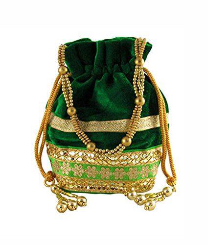 Women's Velvet Potli Bag with Beadwork Drawstrings And Lace In Bottom Ethnic Potli Bag For Wedding Green By Indian Collectible