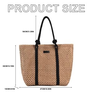 OWGSEE Straw Beach Bag, Summer Woven Tote Bag Large Shoulder Handbag Straw Purses and Handbags for Women Vacation (Khaki)