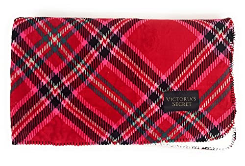 Victoria's Secret Soft Sherpa Throw Blanket, Red Pink Plaid 50'' x 60''