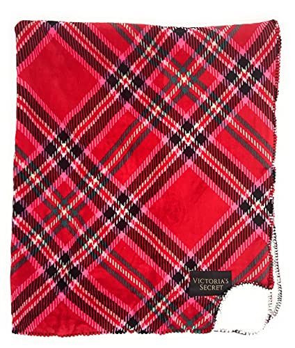 Victoria's Secret Soft Sherpa Throw Blanket, Red Pink Plaid 50'' x 60''