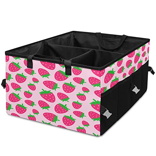 BOLIMAO Car Trunk Organizer Pink Cute Strawberry Back Seat Large Organizer Cargo Storage with Dividers Collapsible Trunk Cargo Organizer Tote Bag for Groceries SUV Sedan Camper Camping