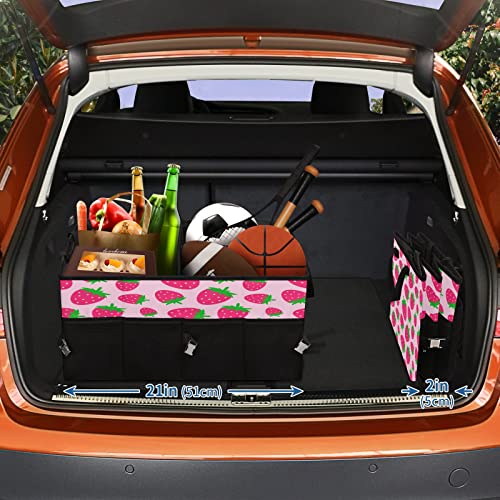 BOLIMAO Car Trunk Organizer Pink Cute Strawberry Back Seat Large Organizer Cargo Storage with Dividers Collapsible Trunk Cargo Organizer Tote Bag for Groceries SUV Sedan Camper Camping