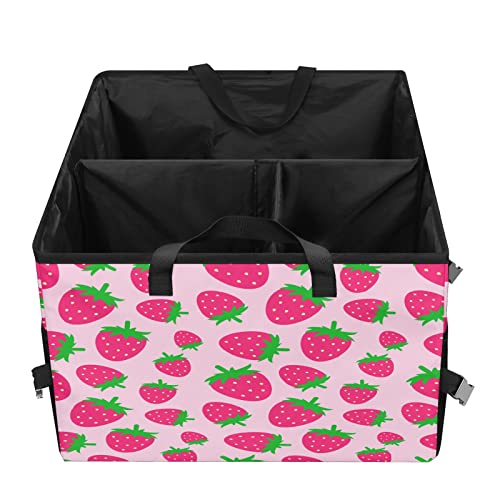 BOLIMAO Car Trunk Organizer Pink Cute Strawberry Back Seat Large Organizer Cargo Storage with Dividers Collapsible Trunk Cargo Organizer Tote Bag for Groceries SUV Sedan Camper Camping