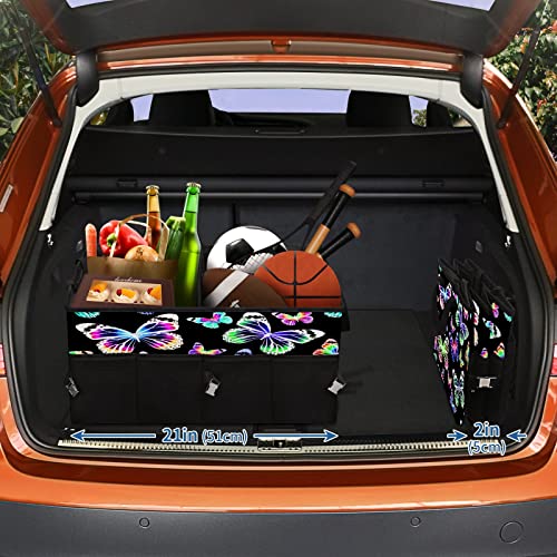 BOLIMAO Car Trunk Organizer Butterflies Black Background Back Seat Large Organizer Cargo Storage with Dividers Collapsible Trunk Cargo Organizer Tote Bag for Groceries SUV Sedan Camper Camping