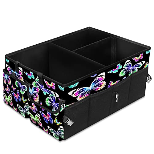 BOLIMAO Car Trunk Organizer Butterflies Black Background Back Seat Large Organizer Cargo Storage with Dividers Collapsible Trunk Cargo Organizer Tote Bag for Groceries SUV Sedan Camper Camping