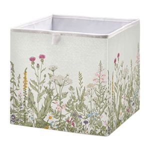 kigai vintage colorful herbs and wild flowers floral cube storage bin 11x11x11 in, large organizer collapsible storage basket for shelves, closet, storage room