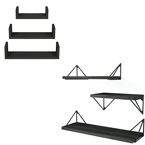 SRIWATANA U Shelves Wall Mounted Set of 3 and Large Floating Shelves Set of 3 （Contains 2 Items）