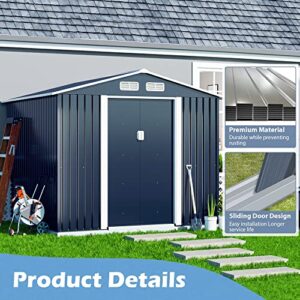 HOGYME Storage Shed 8' x 8' Outdoor Garden Shed Metal Shed Suitable for Storing Garden Tool Lawn Mower Ladder Grey