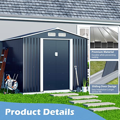 HOGYME Storage Shed 8' x 8' Outdoor Garden Shed Metal Shed Suitable for Storing Garden Tool Lawn Mower Ladder Grey