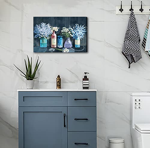 HKDGOKA Bathroom Wall Art - White Flower in Blue Vase Bathroom Decor - Paintings,Modern Canvas Wall Art Decor Artworks Pictures for Living Room Bedroom Kitchen Decoration,12x16 inch