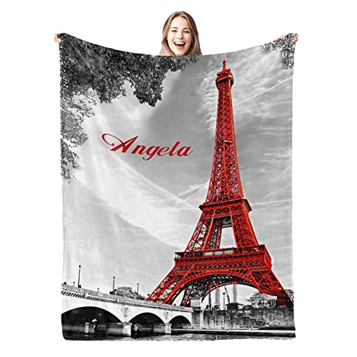 City Landmark Paris Eiffel Tower Personalized Name Soft Fleece Bed Blankets Throws as Birthday Wedding Gifts for Sofa Couch 50'' x 60''