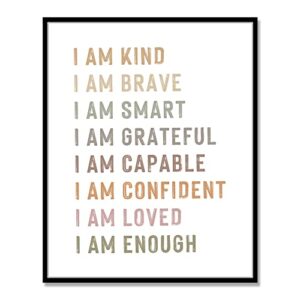 affirmations art print for kids, classroom wall art, i am enough, kid’s bedroom, rainbow affirmations print, i am kind smart loved, inspirational nursery decor, unframed (11x14 inch)