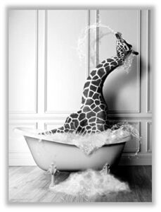 funny bathroom decor giraffe animals bathtub poster–unframed (12 x 16 inch)– bathroom wall decor, black and white bathroom decor, giraffe wall art photo pics poster funny bathroom modern cute chic cool unique bathroom sign