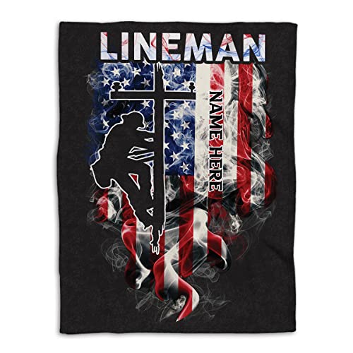 OhaPrints Custom Electrician Lineman Patriotic Us America Flag Gift Personalized Name Soft Sherpa Throw Blankets Cozy Fuzzy Fleece Throws for Tv Sofa Couch Comfy Fluffy Blanket 30X40 50X60 60X80