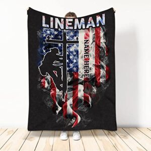 OhaPrints Custom Electrician Lineman Patriotic Us America Flag Gift Personalized Name Soft Sherpa Throw Blankets Cozy Fuzzy Fleece Throws for Tv Sofa Couch Comfy Fluffy Blanket 30X40 50X60 60X80