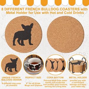 Set of 8 French Pit Bull Cork Drink Coasters Absorbing Dog Coasters Fun Frenchie Gifts for Women Kitchen Bar Coasters with Metal Holder for Home Kitchen Decor Table Mug Glass Cup Place Mats Dog Lovers