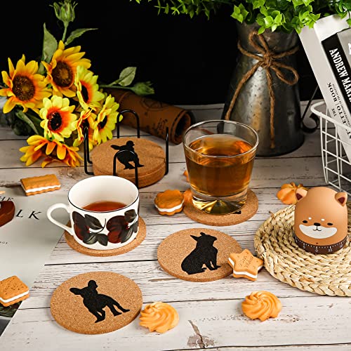 Set of 8 French Pit Bull Cork Drink Coasters Absorbing Dog Coasters Fun Frenchie Gifts for Women Kitchen Bar Coasters with Metal Holder for Home Kitchen Decor Table Mug Glass Cup Place Mats Dog Lovers