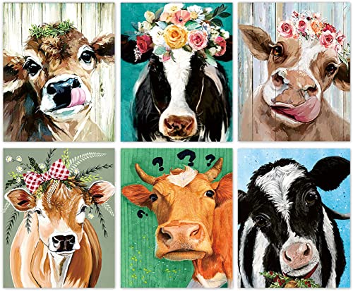 XLA Country Farmhouse Cow Wall Art Prints,Funny Cow with Flower Poster,Farmhouse Wall Decor Cow Pictures Farm Print Ranch Decor Set of 6-(8''x10'' Unframed)