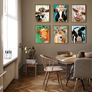 XLA Country Farmhouse Cow Wall Art Prints,Funny Cow with Flower Poster,Farmhouse Wall Decor Cow Pictures Farm Print Ranch Decor Set of 6-(8''x10'' Unframed)