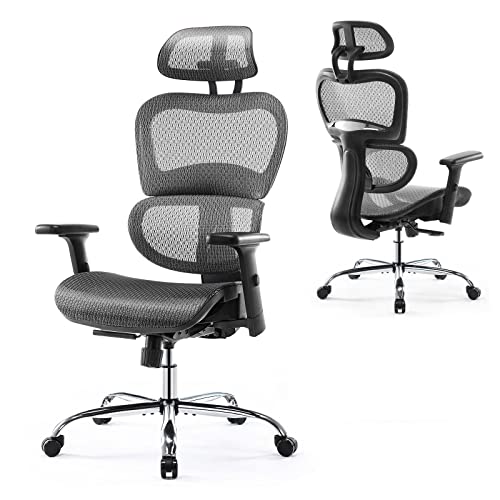 Ergonomic Office Chair, High Back Desk Chair, Swivel Mesh Computer Task Chair with Dynamic Lumbar Support, Tilt Function, Executive Home Office Chair with 3D Adjustable Headrest and Armrests, Grey