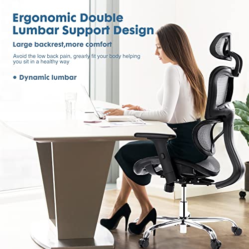 Ergonomic Office Chair, High Back Desk Chair, Swivel Mesh Computer Task Chair with Dynamic Lumbar Support, Tilt Function, Executive Home Office Chair with 3D Adjustable Headrest and Armrests, Grey