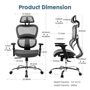 Ergonomic Office Chair, High Back Desk Chair, Swivel Mesh Computer Task Chair with Dynamic Lumbar Support, Tilt Function, Executive Home Office Chair with 3D Adjustable Headrest and Armrests, Grey