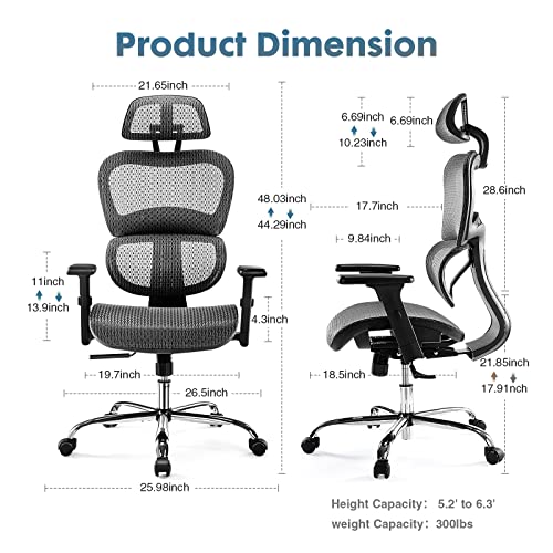 Ergonomic Office Chair, High Back Desk Chair, Swivel Mesh Computer Task Chair with Dynamic Lumbar Support, Tilt Function, Executive Home Office Chair with 3D Adjustable Headrest and Armrests, Grey